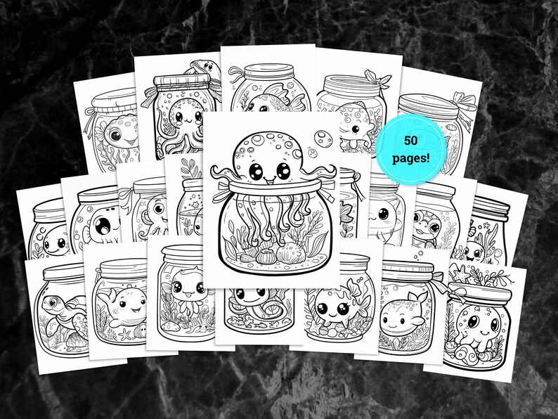 Ocean Animals in Jars Coloring Pages | Cute Kawaii Sea Creatures ...