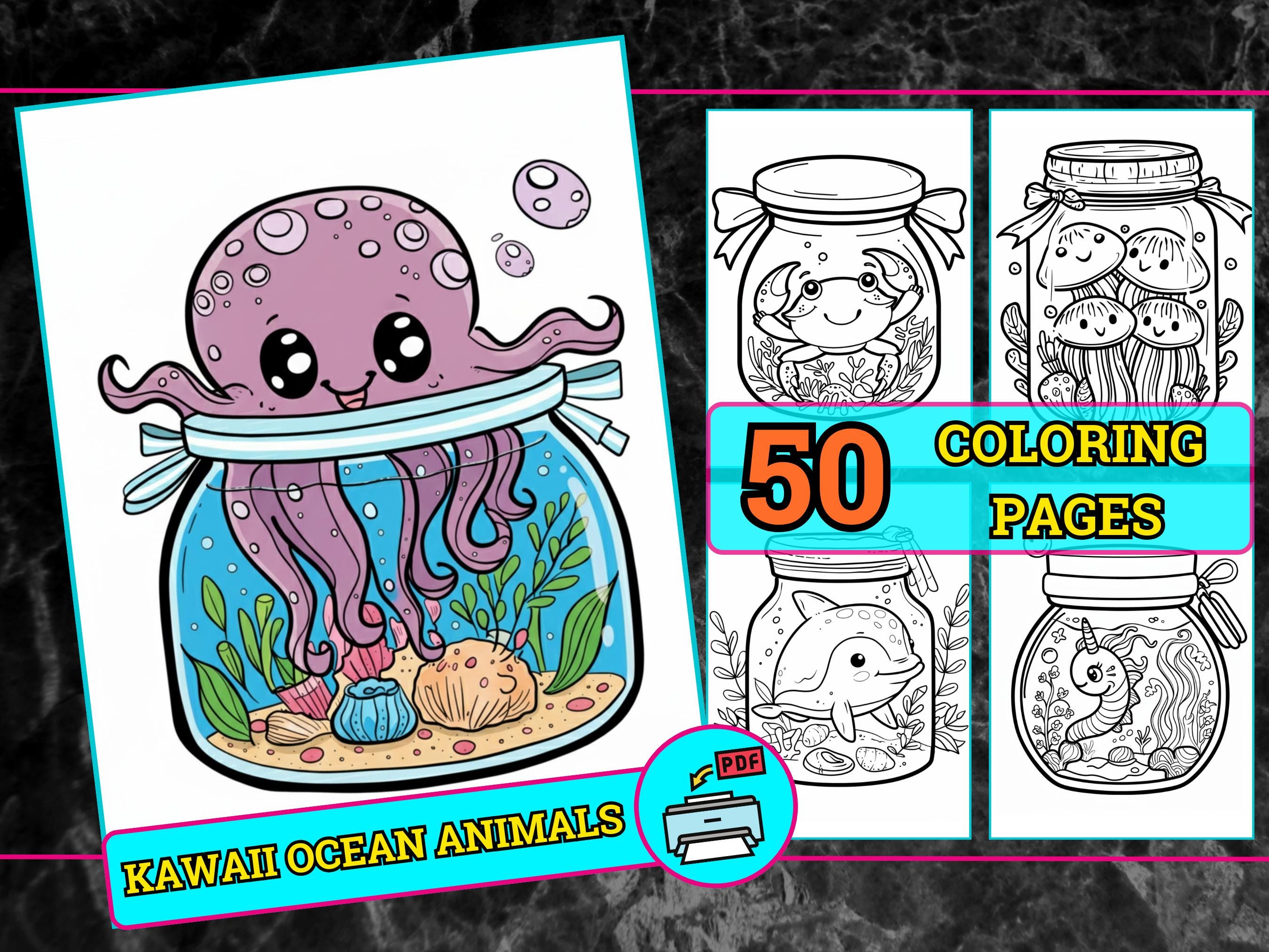Ocean Animals in Jars Coloring Pages | Cute Kawaii Sea Creatures ...