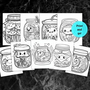 Ocean Animals in Jars Coloring Pages | Cute Kawaii Sea Creatures ...