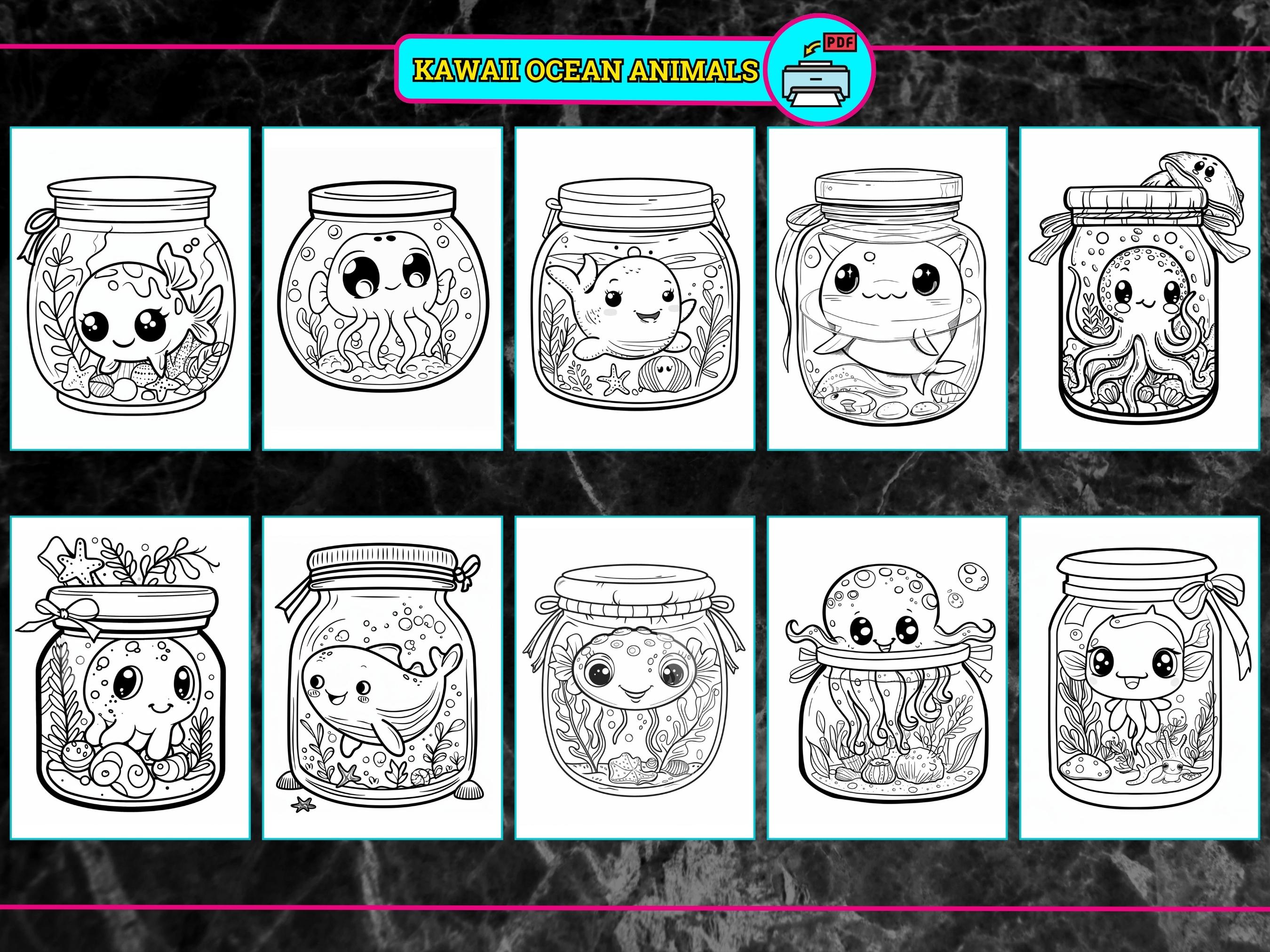 Ocean Animals in Jars Coloring Pages | Cute Kawaii Sea Creatures ...