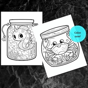 Ocean Animals in Jars Coloring Pages | Cute Kawaii Sea Creatures ...