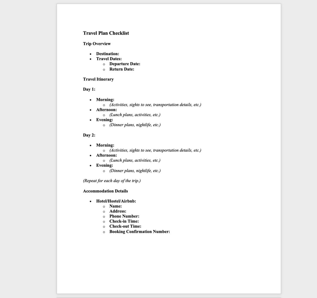 Travel Plan Checklist - Etsy