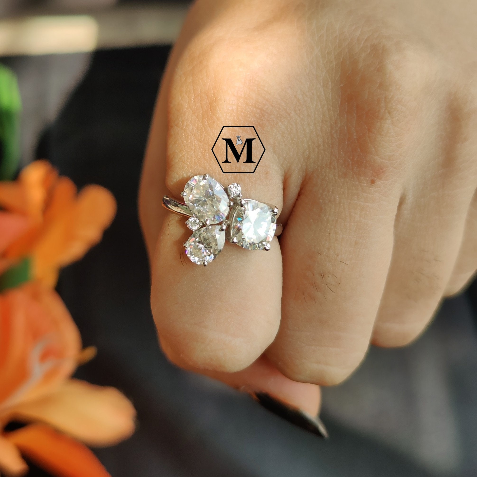 Elara Ring Cushion, Oval and Pear Cut 5 CT, Cocktail Ring, Colorless Moissanite Diamond, White ...