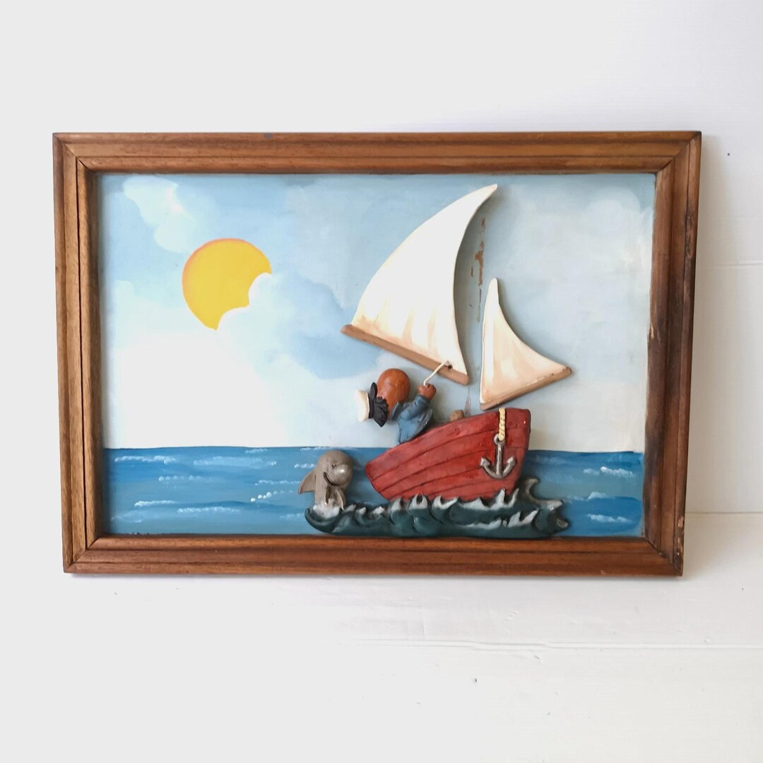 Nautical Wood Wall Art 3D Relief Carving Sailor Sailboat Dolphin Framed ...