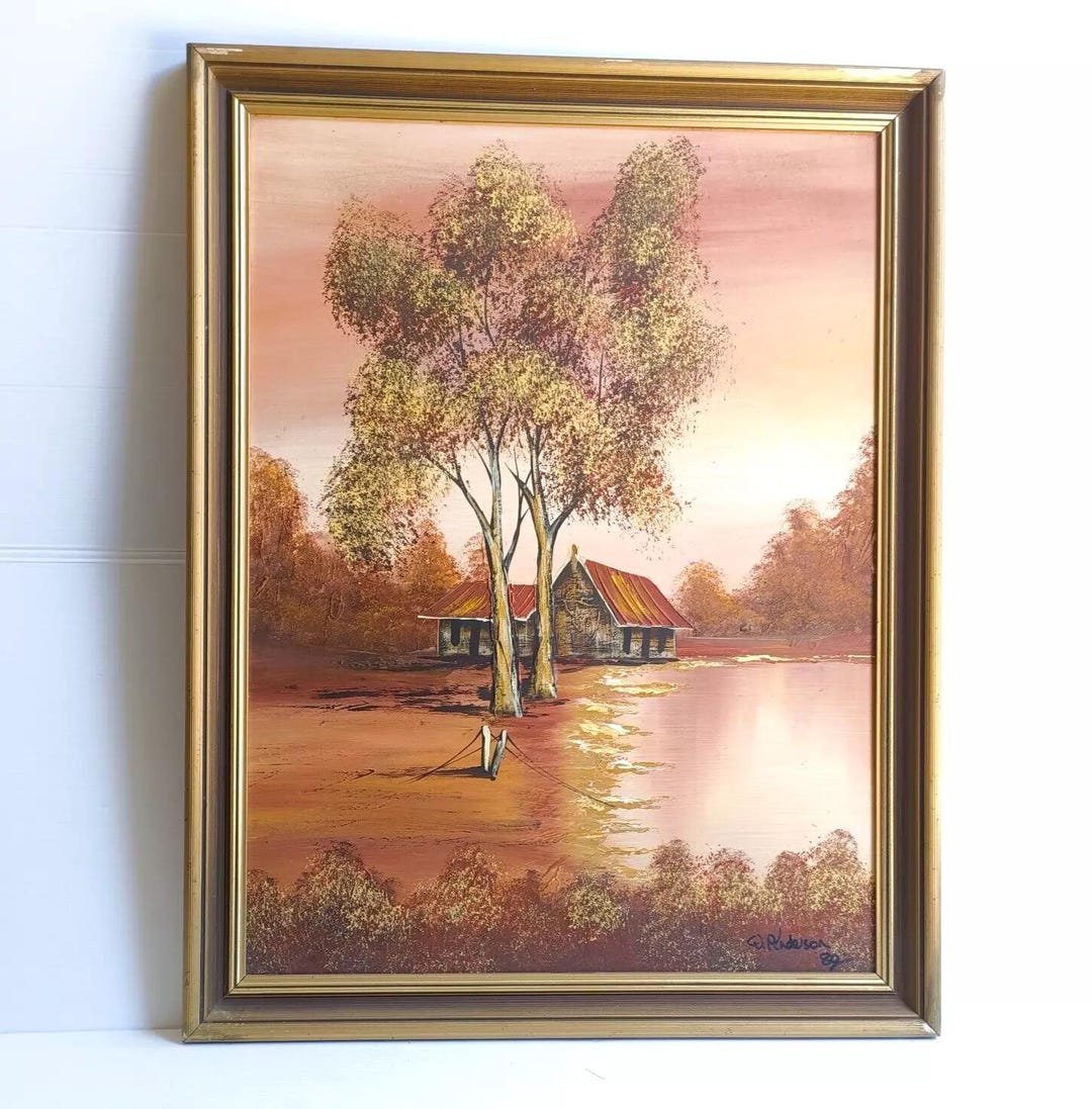 1980 Australian Outback Oil Painting Signed Bush Cottage Lake Scene ...