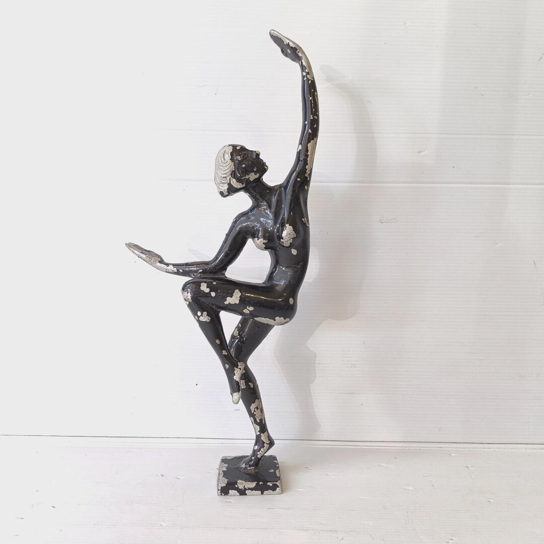 Art Deco Dancing Lady Figurine Vintage Black Metal Sculpture Woman ...