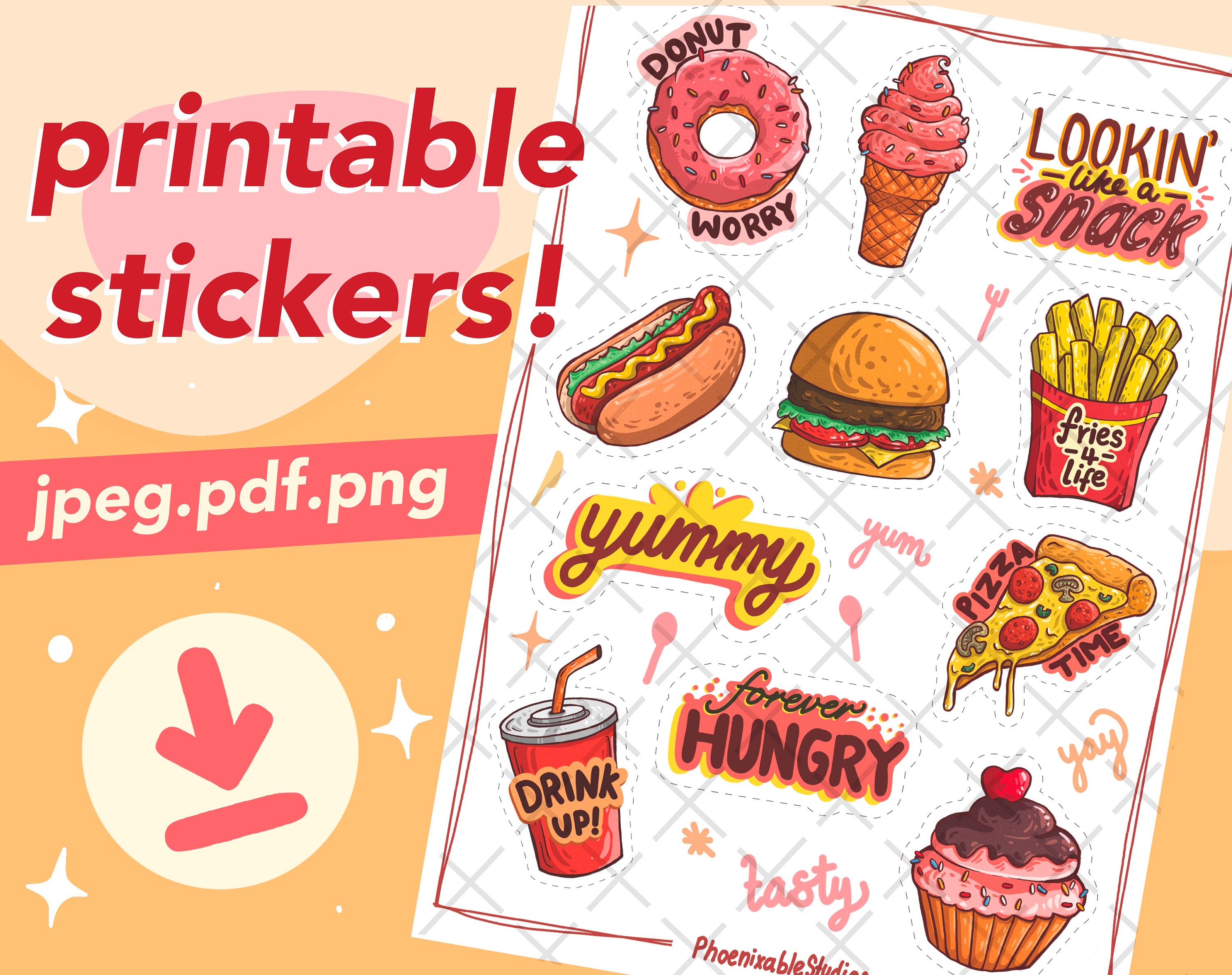 Digital printable Junk Food sticker pack fun illustrated | Etsy