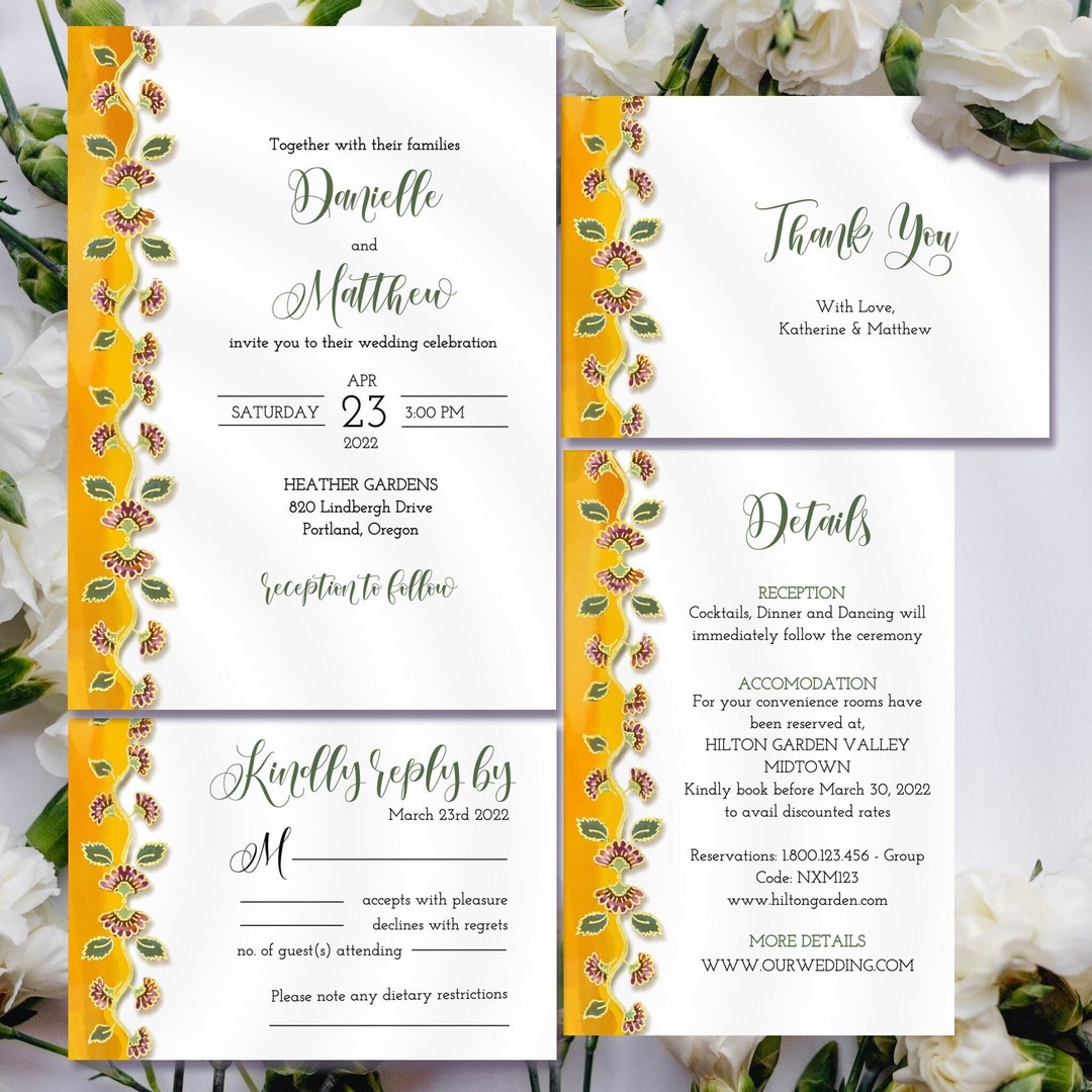Turmeric Yellow Floral Wedding Invitation Set, Editable Template ...
