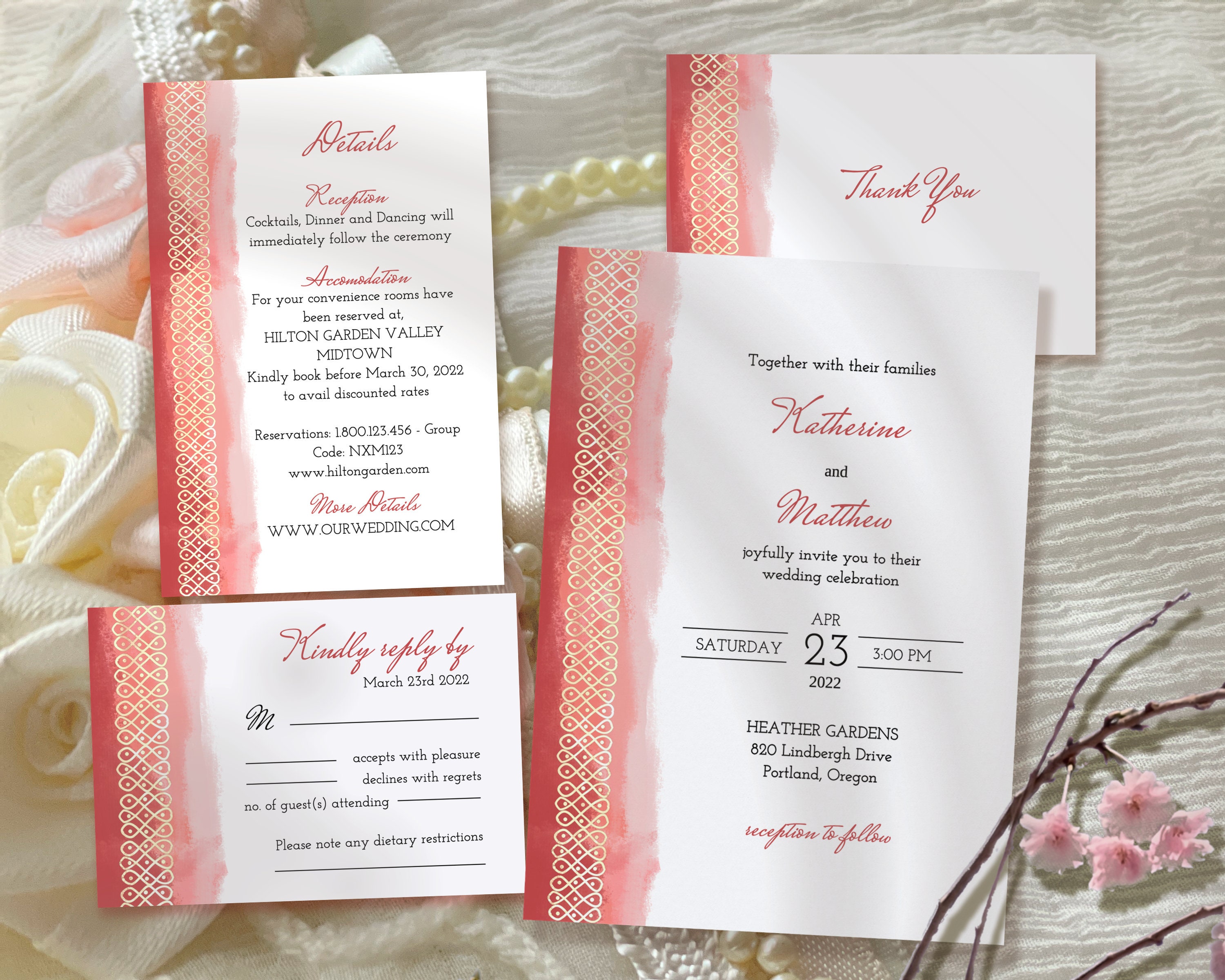 Coral Wedding Invitation Set, Editable Template, Indian Inspired Design ...