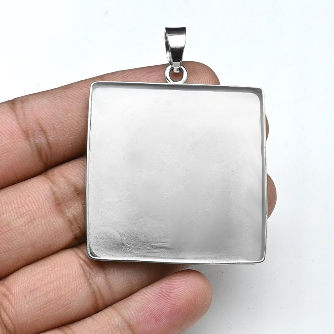 925 Sterling Silver Big Square Shape Pendant Bezel Setting, Large Blank ...