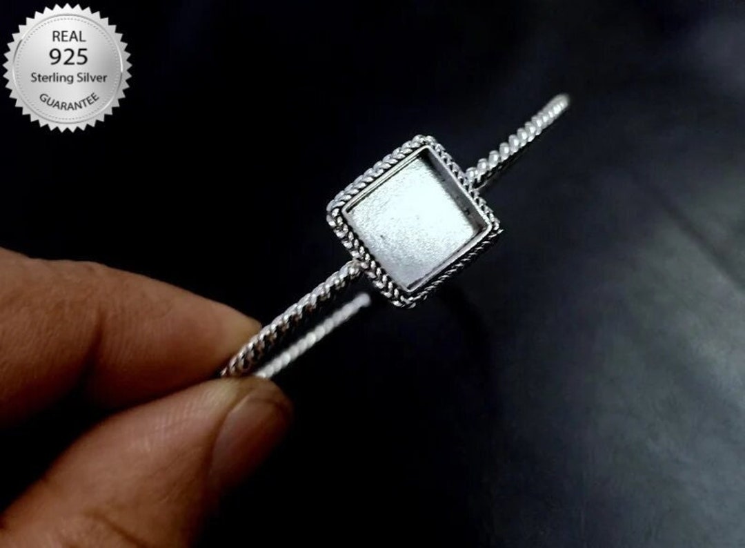 Sterling Silver 925 Stamped Square Shape Bangle Bezel Cuff Setting Cup ...
