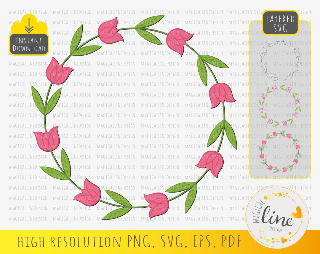 Tulip Wreath Clipart, Pink Tulip Frame Svg, Floral Circle Svg, Pink ...