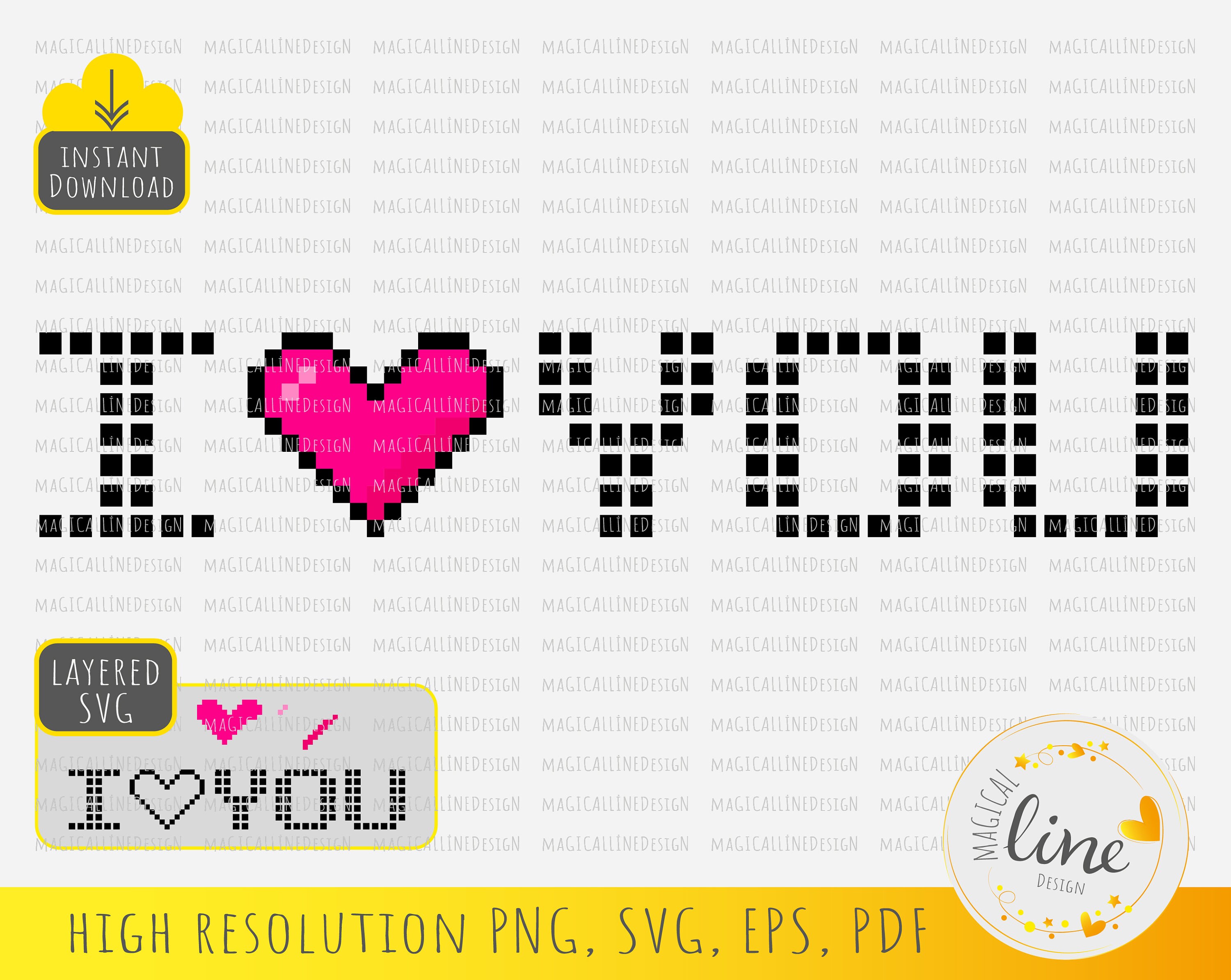 I Love You Pixel Svg, Pixel Pink Heart Svg, Valentine's Day Eps, Pixel ...