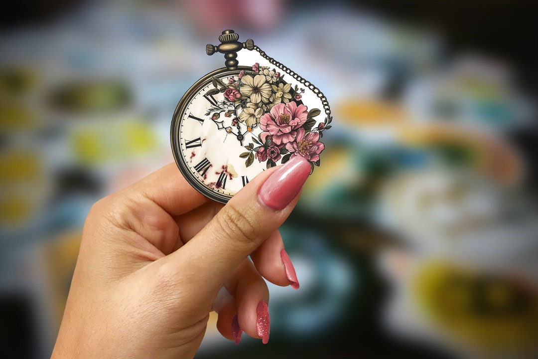 Vintage Watch Sticker, Floral Pocket Watch Decal, Retro Timepiece Label ...