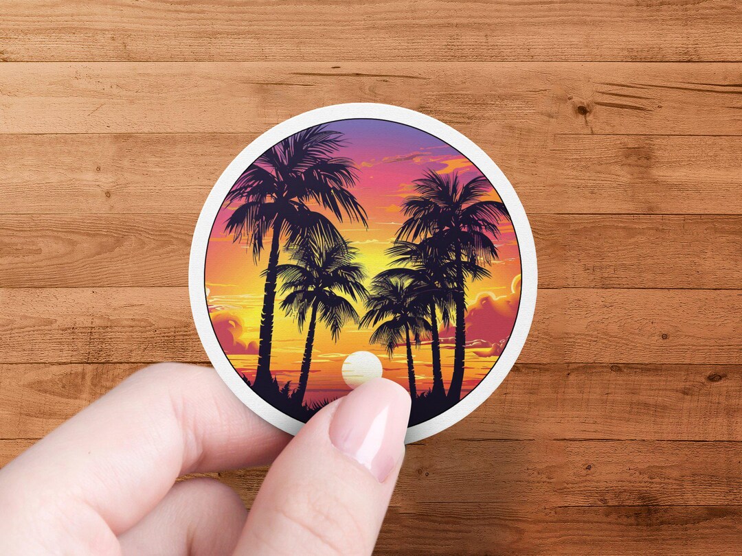 Tropical Sunset Palm Trees Sticker, Round Waterproof Sticker, Laminated ...