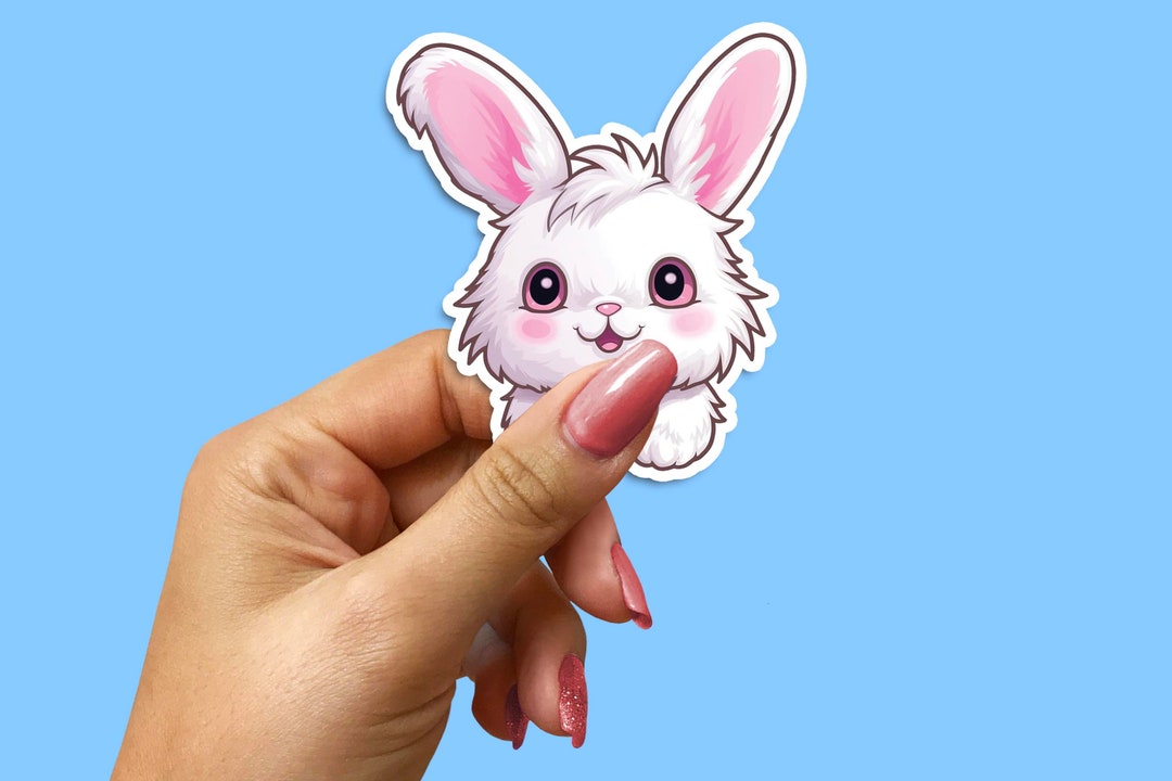 Fluffy White Bunny Sticker, Rabbit Vinyl Decal for Laptops, Water ...