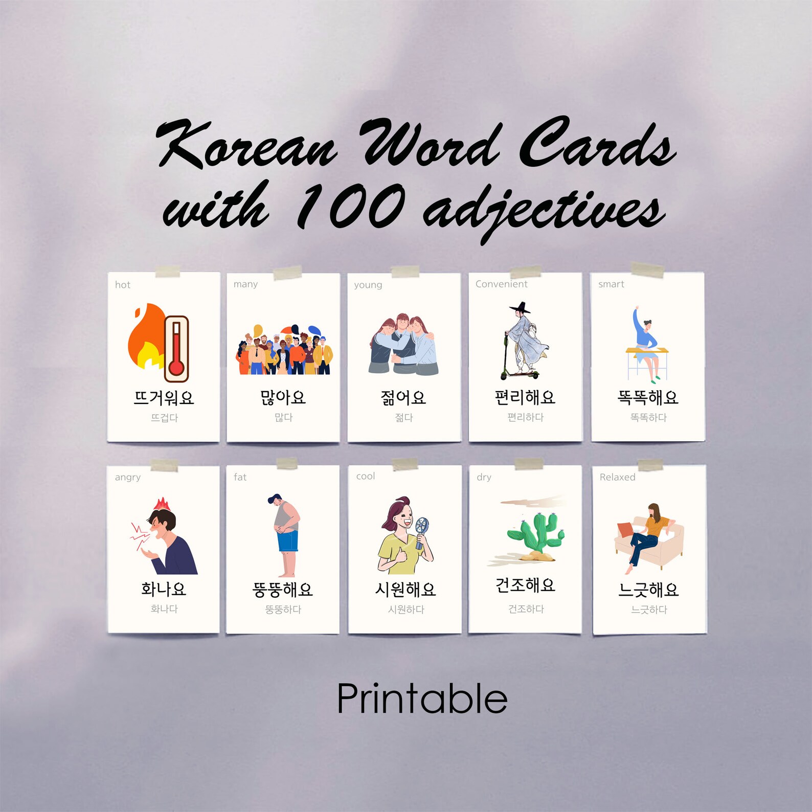 Korean Flashcards Adjectives 100 (printable/digital Download) / Study ...