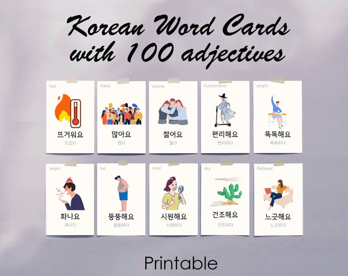 Korean Flashcards Verbs, Nouns, Adjectives printable/digital Download ...