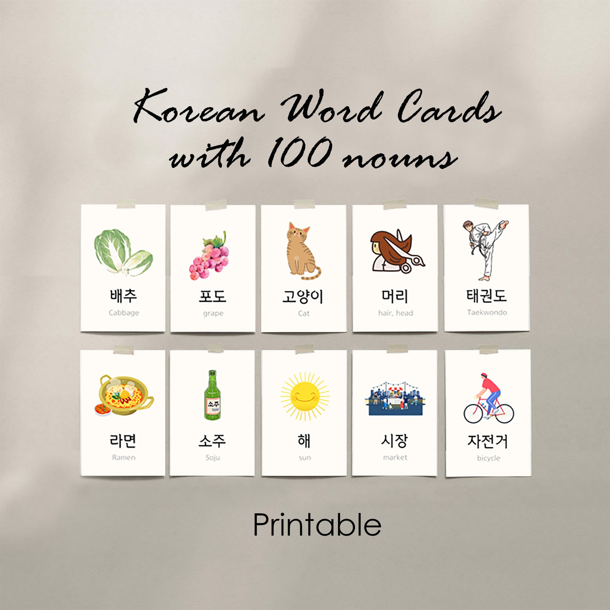 Korean Flashcards Noun 100 (printable/digital Download) / Study Korean ...