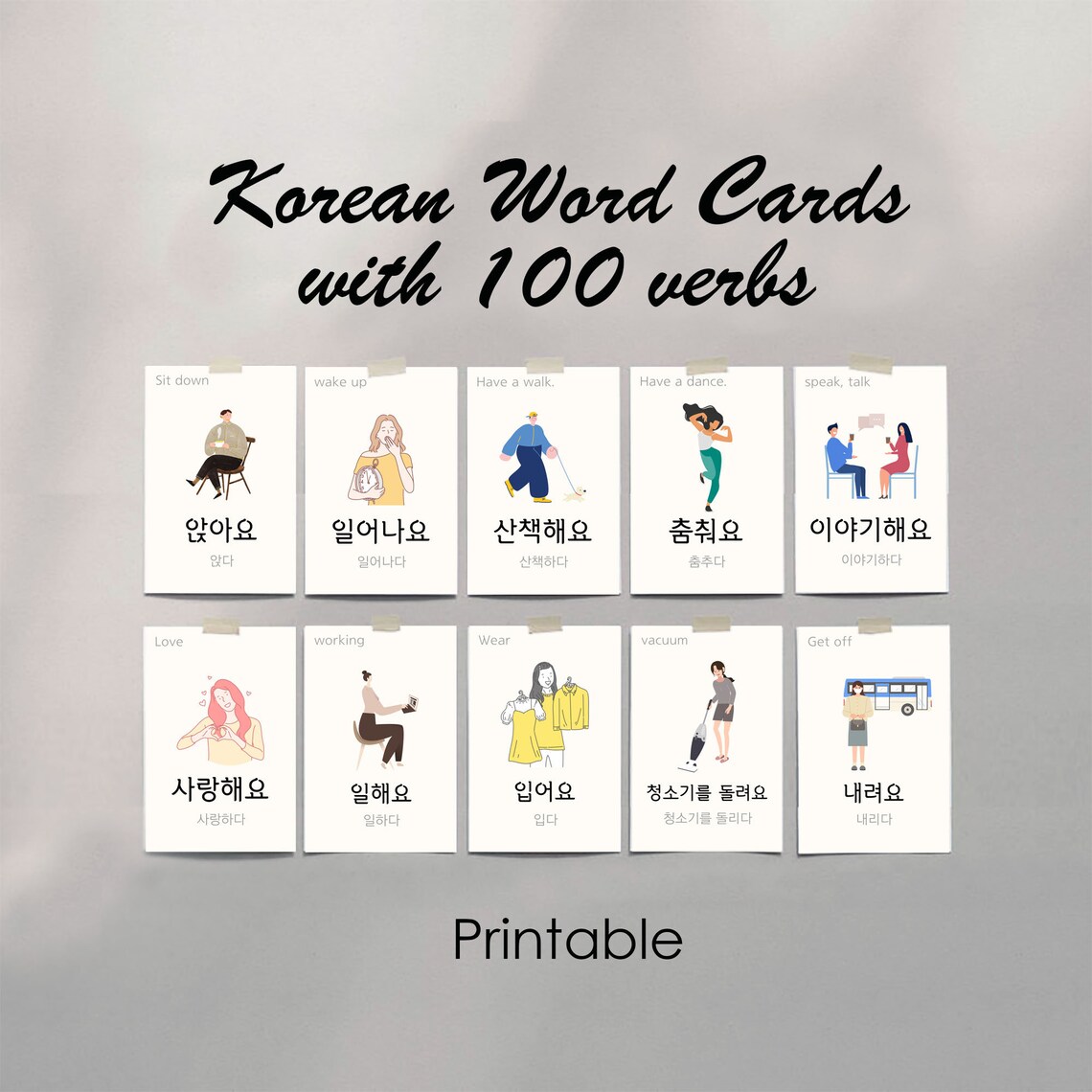 Korean Flashcards Verbs 100 (printable/digital Download) / Study Korean ...