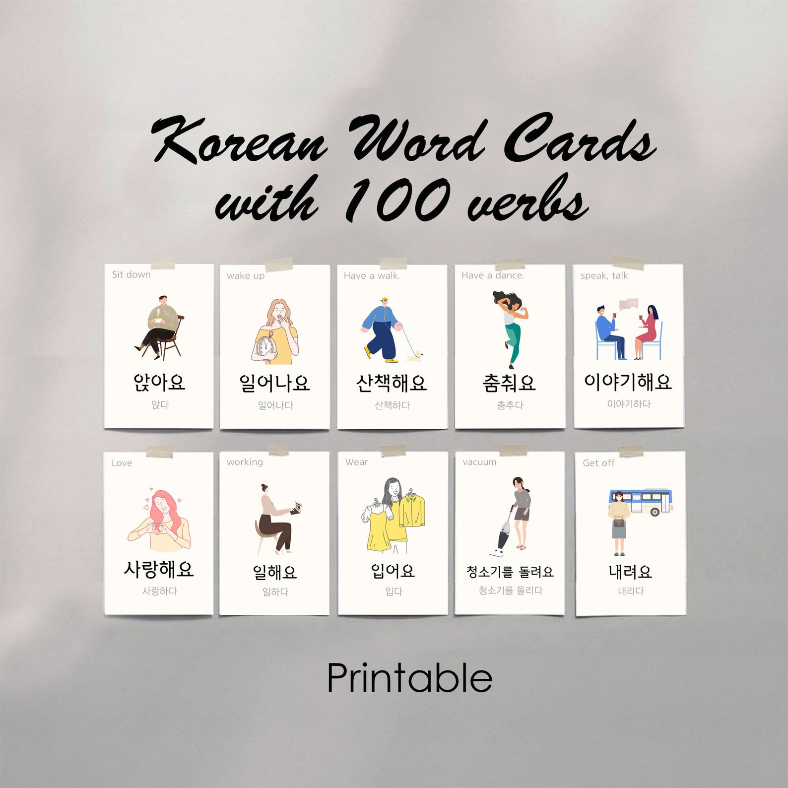 Korean Flashcards Verbs 100 (printable/digital Download) / Study Korean ...