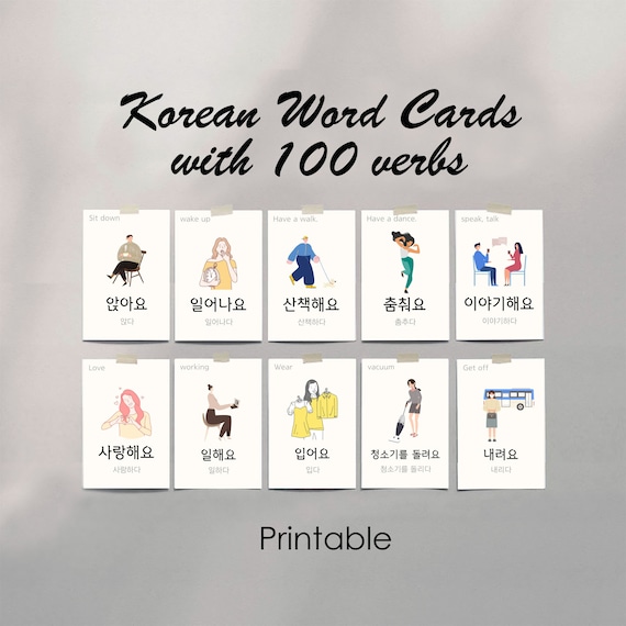 Korean Flashcards Verbs 100 printable/digital Download / | Etsy