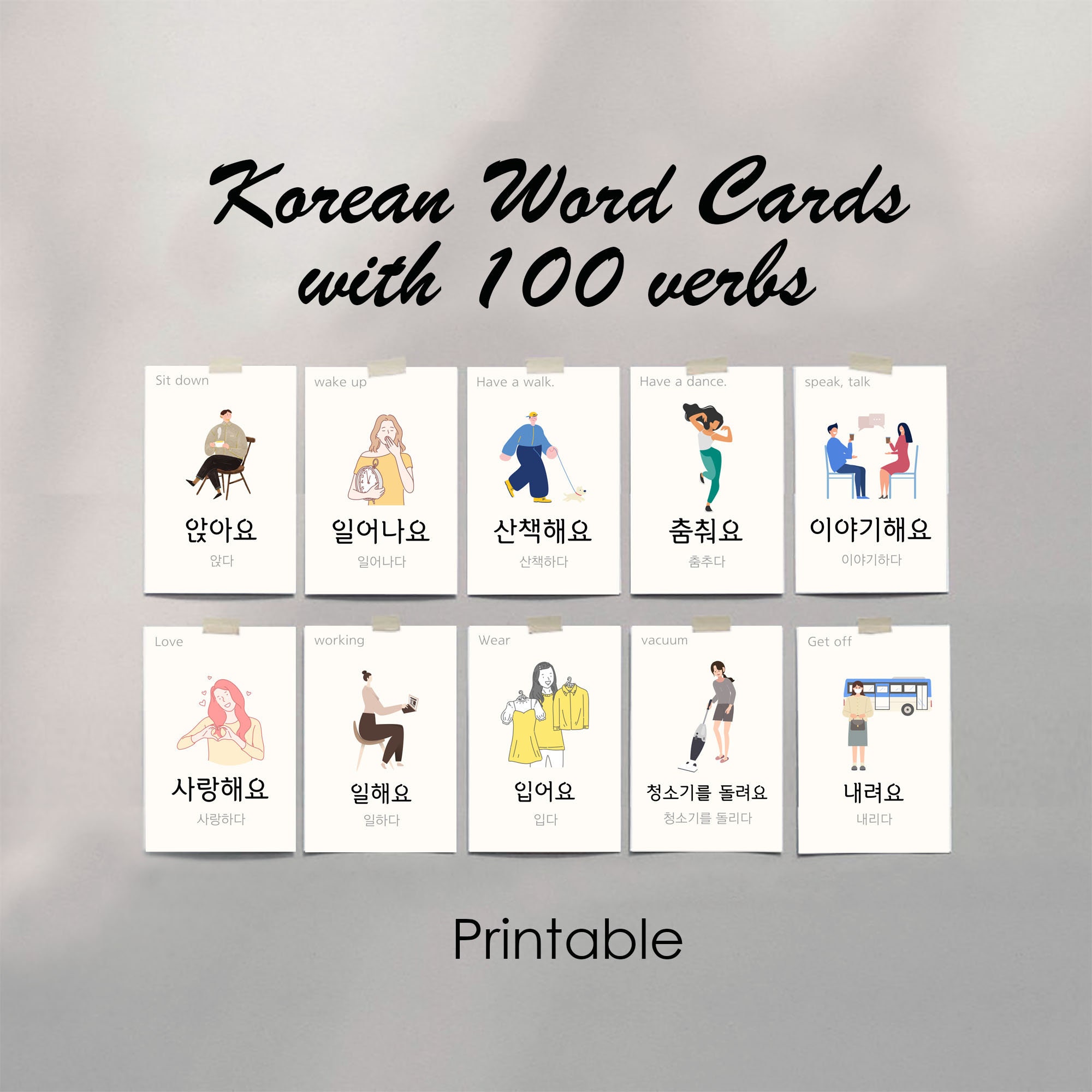 Korean Flashcards Verbs 100 (printable/digital Download) / Study Korean ...