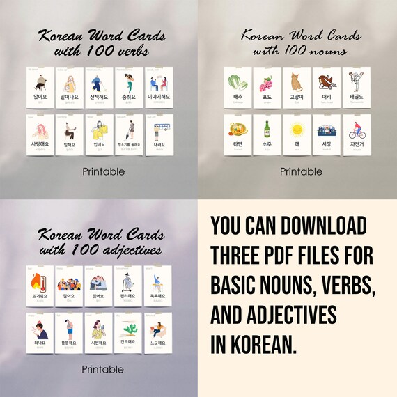 Korean Flashcards Verbs Nouns Adjectives printable/digital | Etsy Canada