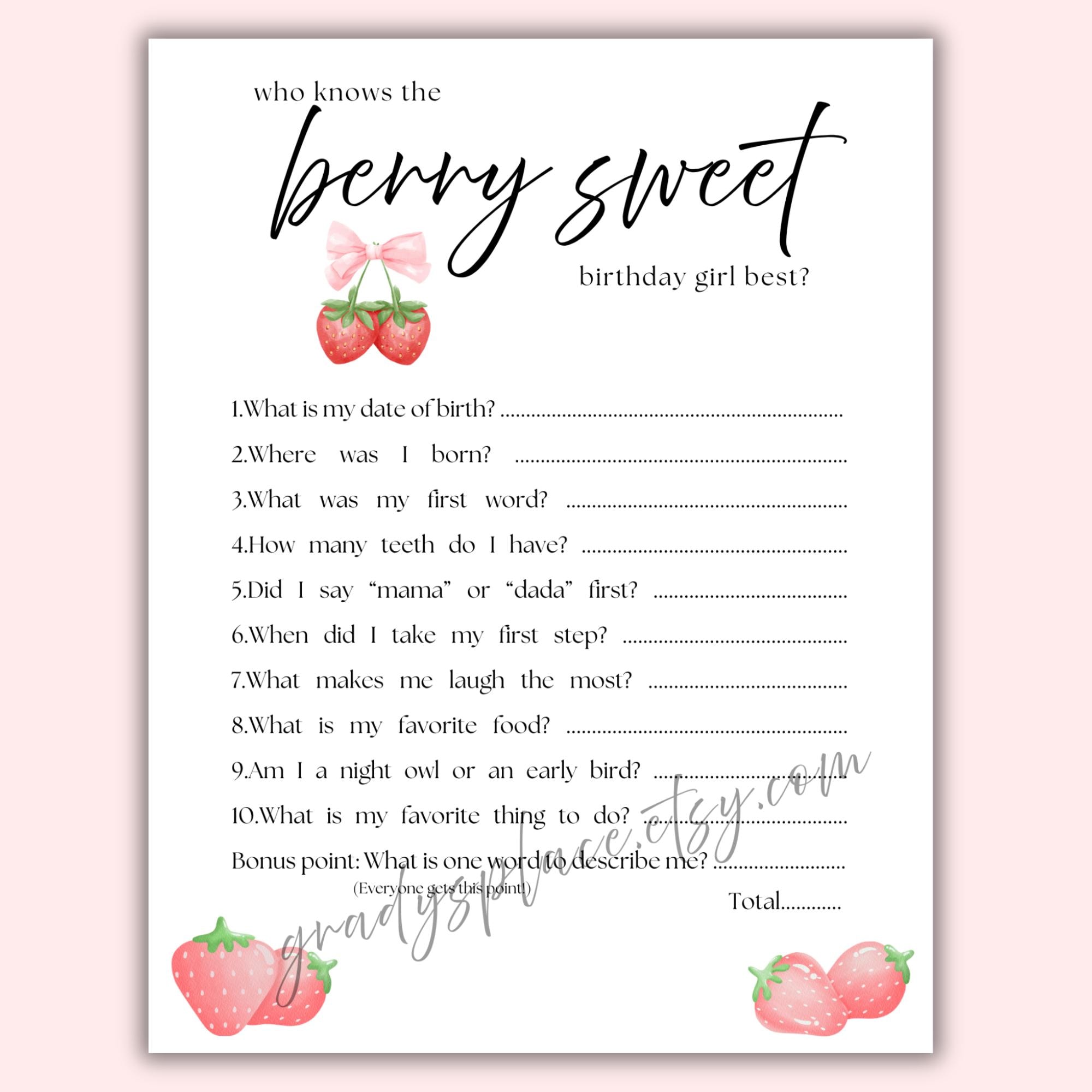 Berry First Birthday Trivia Game: Strawberry Party (printable Digital ...