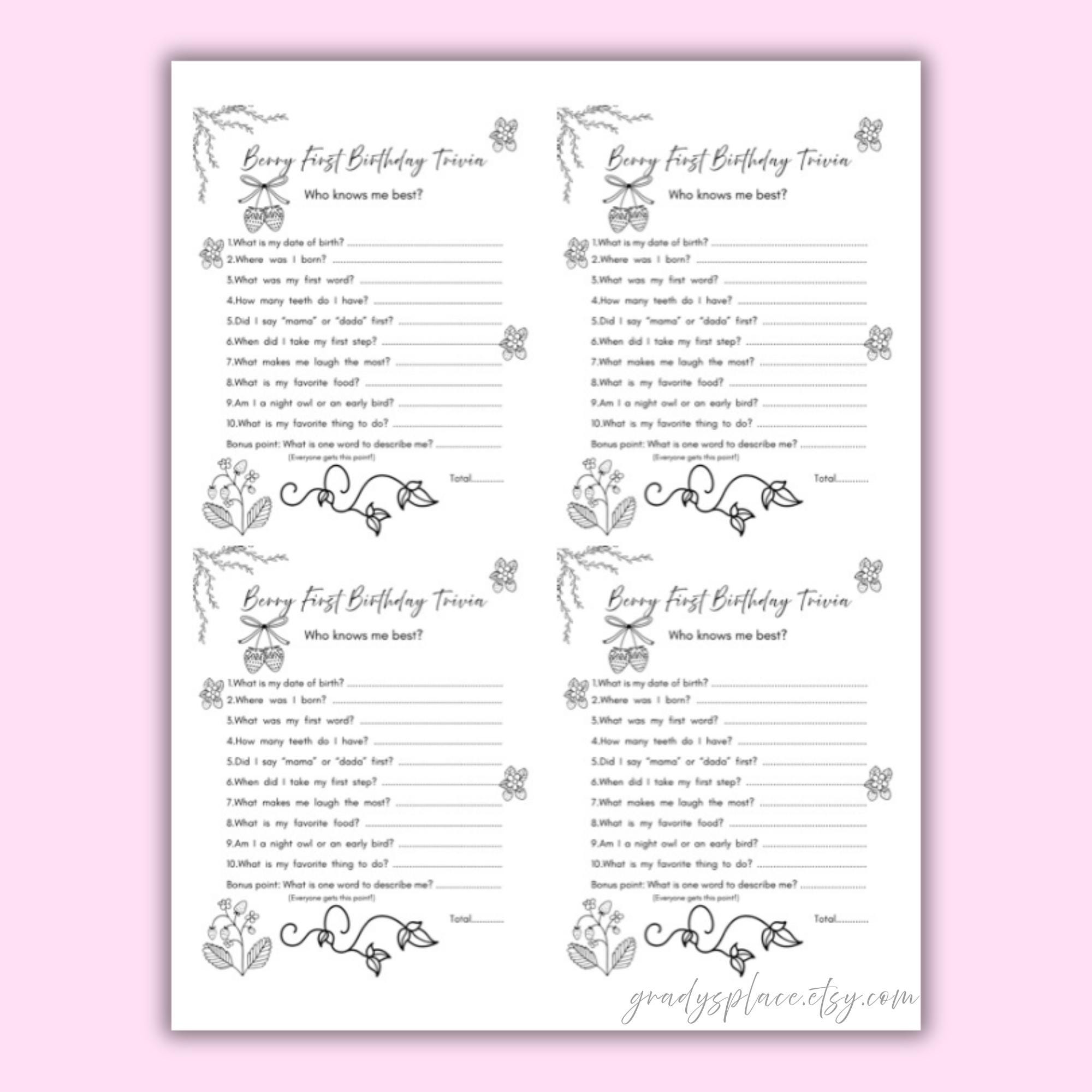 Strawberry Coloring Berry First Birthday Trivia Game: Printable ...
