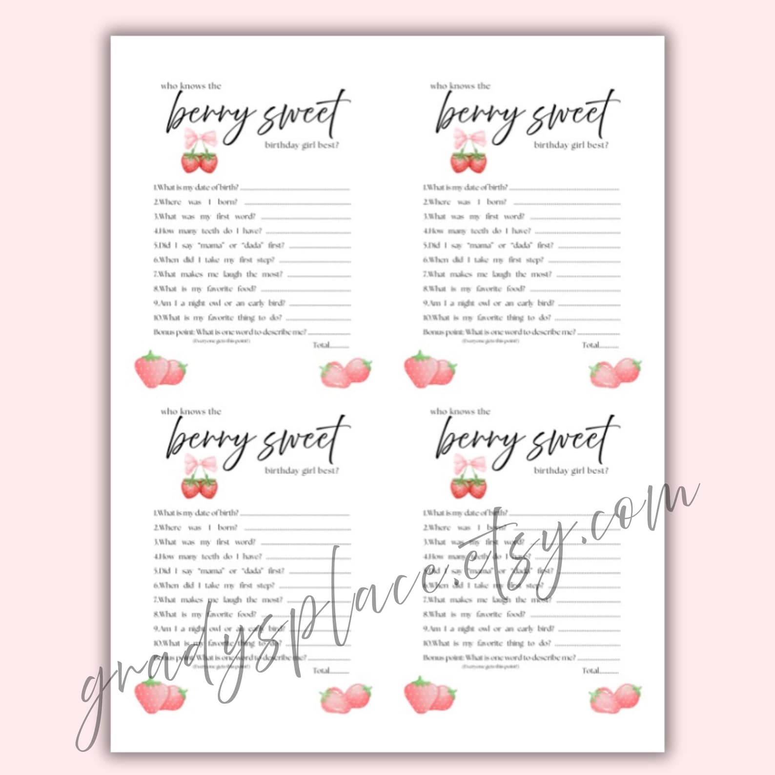 Berry First Birthday Trivia Game: Strawberry Party (printable Digital ...