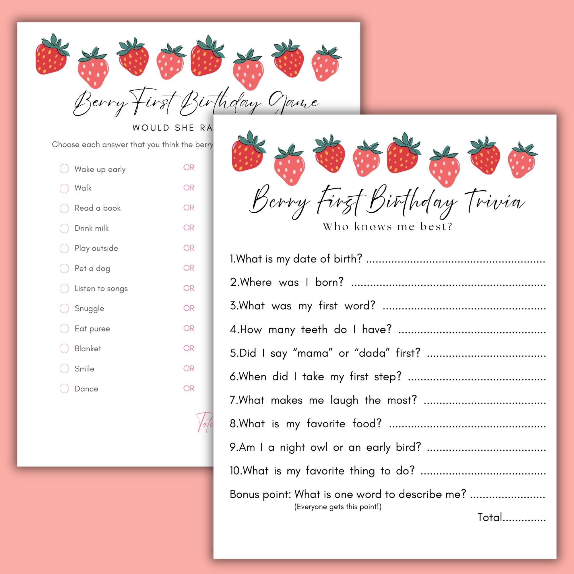 Berry First Birthday Trivia Game Bundle: Printable Strawberry Party ...