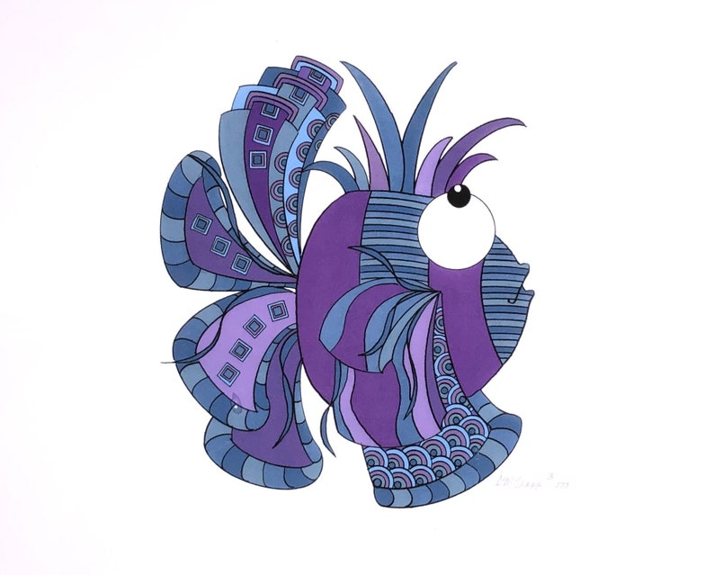 No. 01 Violet Blue Whimsical Fish Art - Etsy