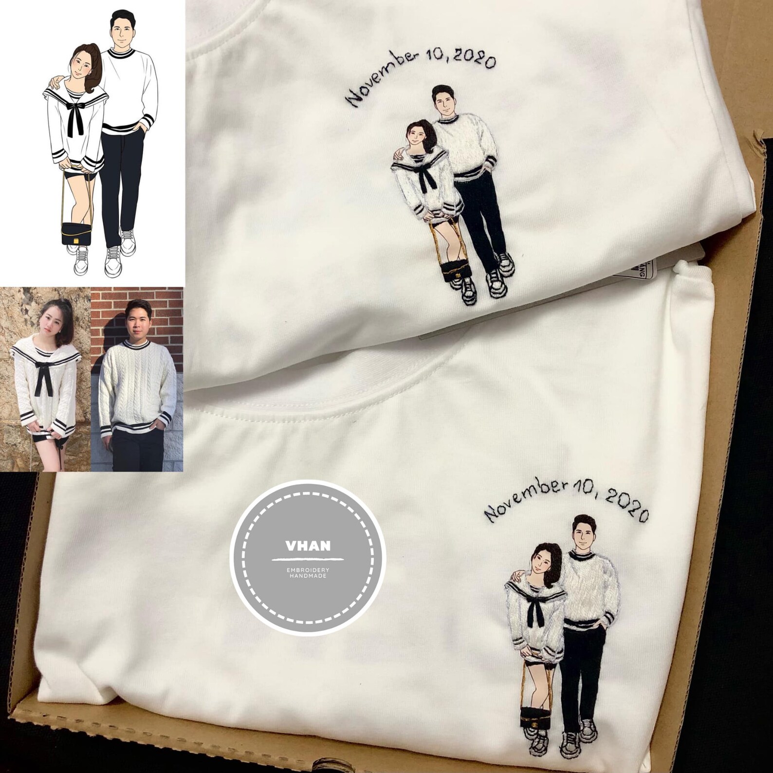 Custom Hand Embroidery Couple Portrait T-shirt | Family Portrait T ...