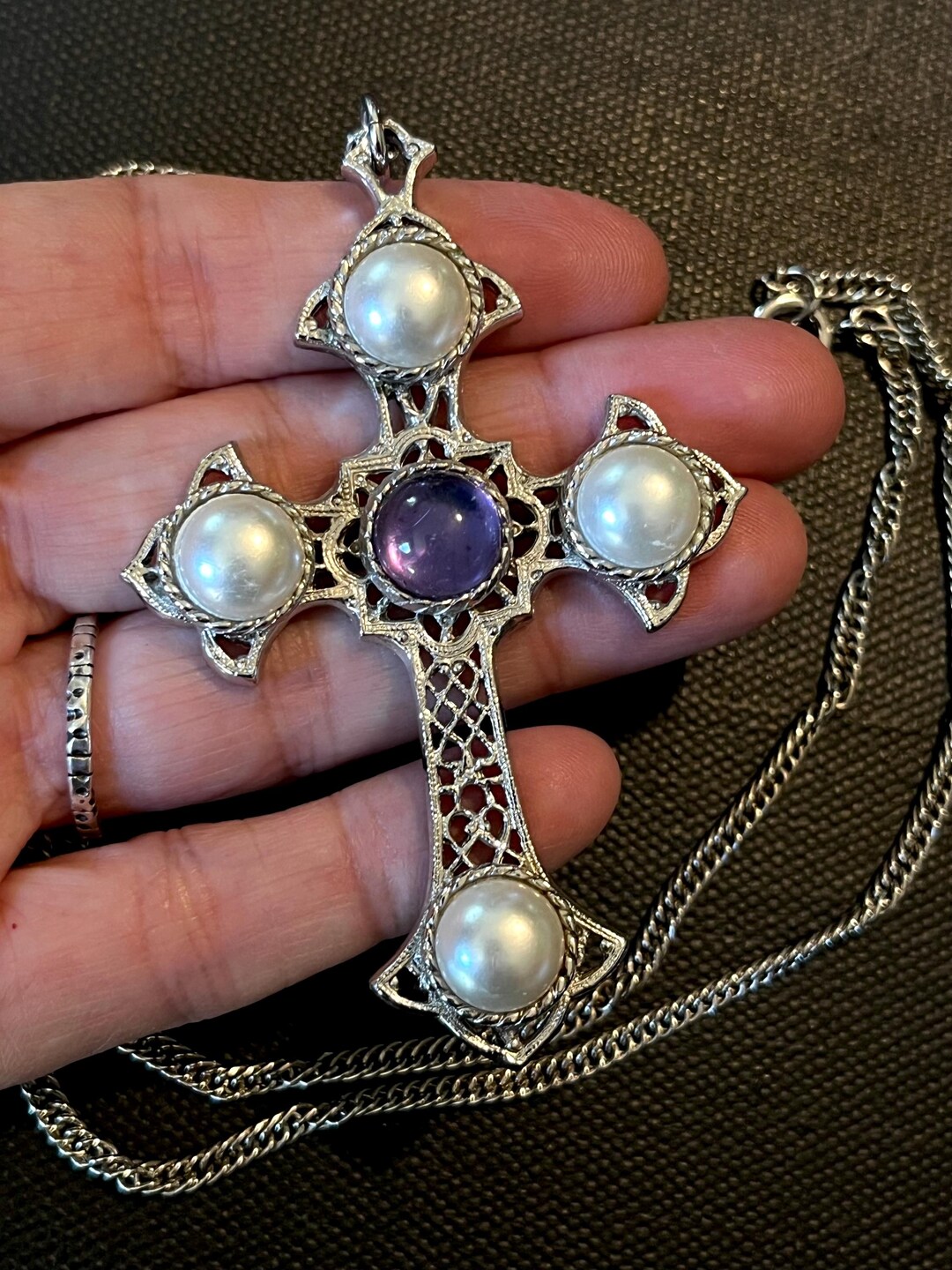 Vintage Sarah Coventry Cross Pendant Necklace. Purple Cabochon and Faux ...