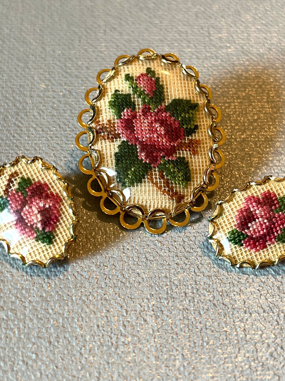 Vintage Embroidered Petit Point Roses Brooch and Clip Earring - Etsy