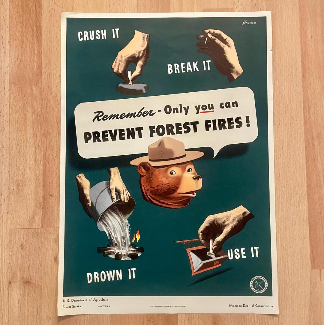 Vintage Original 1947 Smokey Bear Paper Poster "remember - Only You Can ...