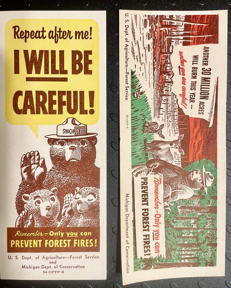 1949 & 1954 Vintage Smokey the Bear Bookmarks Rulers Forest Fire ...