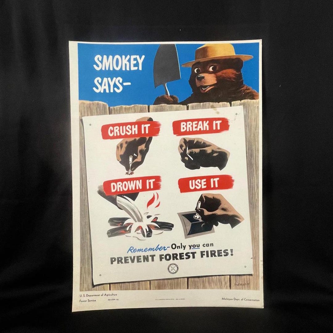 Vintage Original 1949 Smokey the Bear Waxed Cardboard Poster "smokey ...
