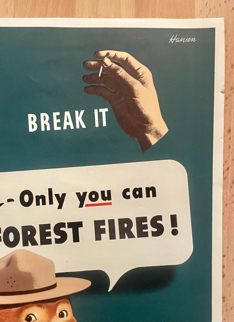 Vintage Original 1947 Smokey Bear Paper Poster remember Only You Can ...