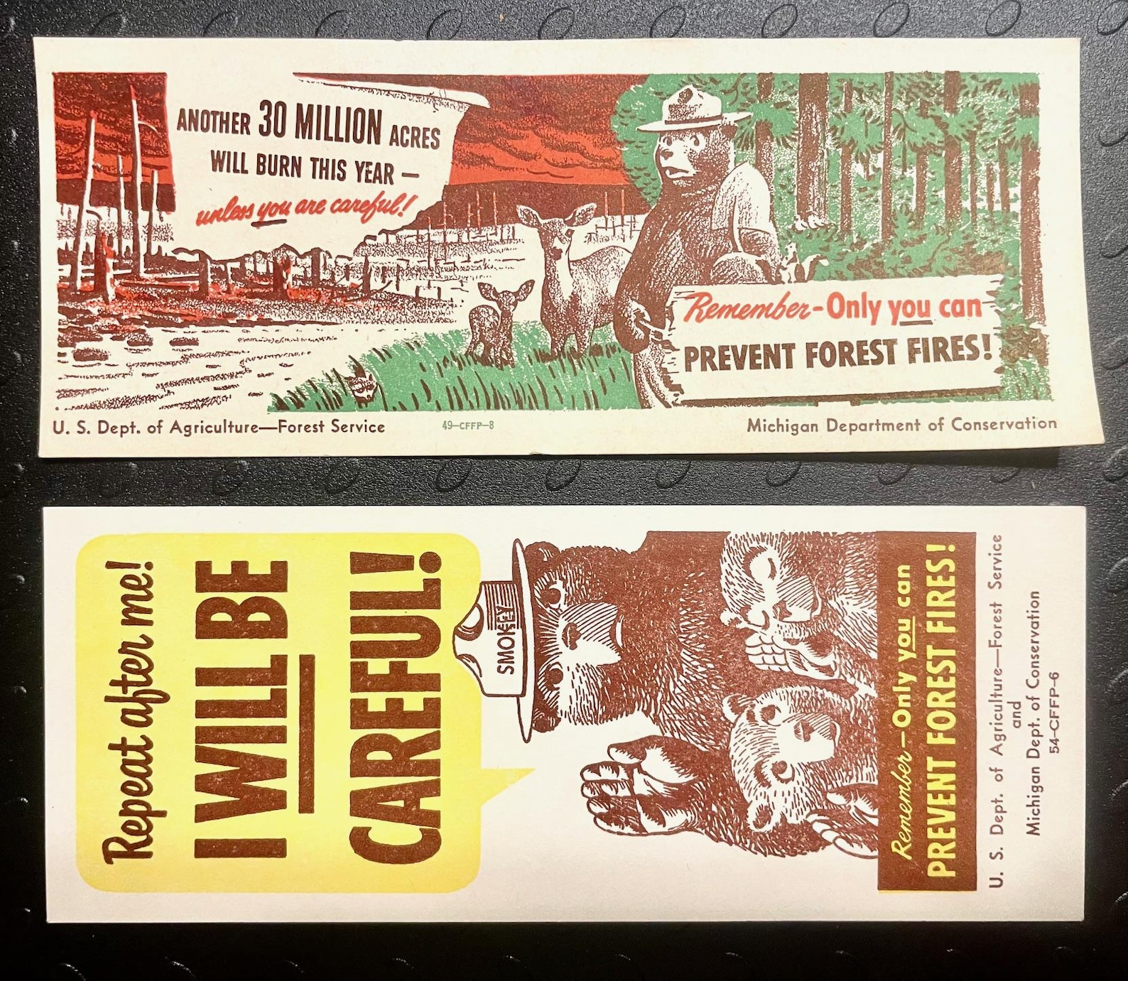 1949 & 1954 Vintage Smokey the Bear Bookmarks Rulers Forest Fire ...