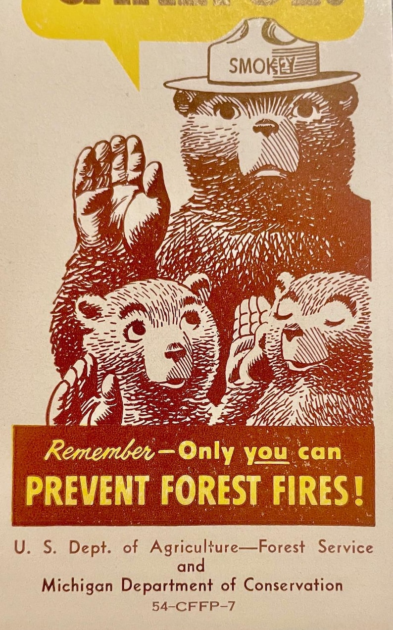 1949 & 1954 Vintage Smokey the Bear Bookmarks Rulers Forest Fire ...