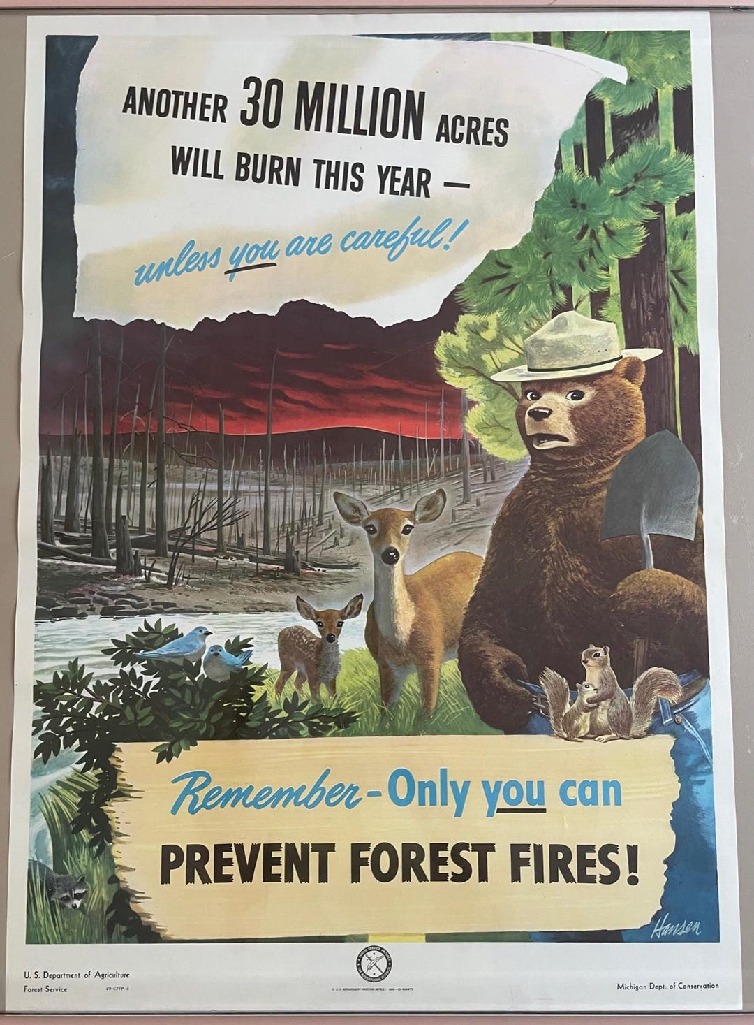 Rare 1949 Vintage Original Smokey the Bear Large 18 X 26 Fire ...