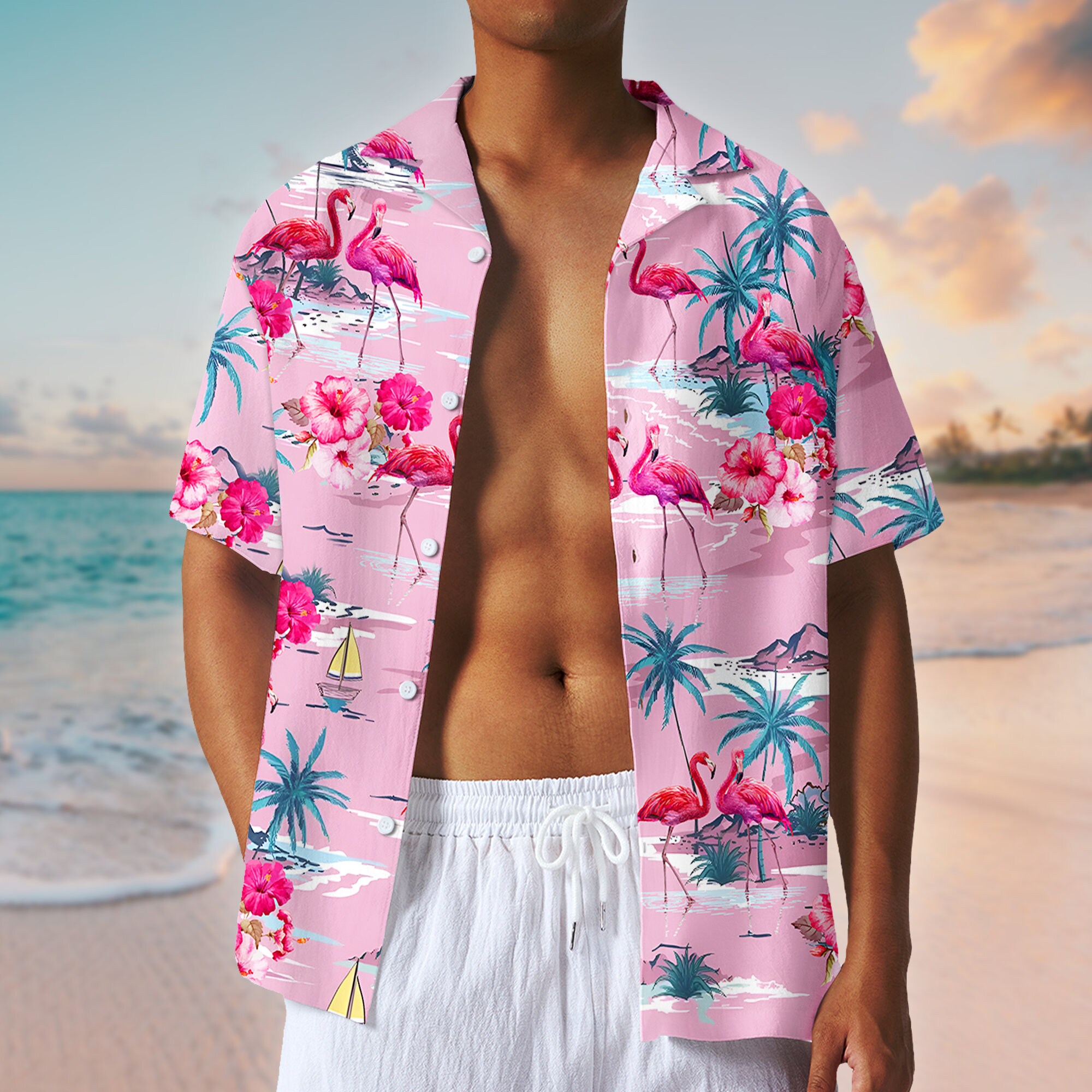 Tropical Pink Flamingo Hawaiian Shirt sold by Delicate Vortex | SKU 84640146 | Printerval