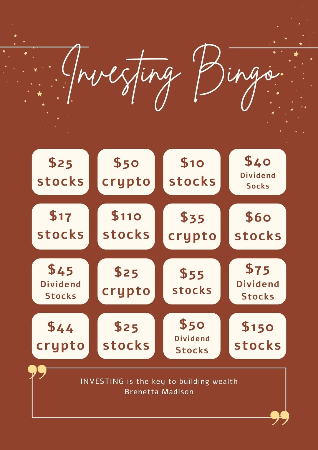 Investing Bingo 1 Savings Challenge Cash Stuffing Budgets - Etsy