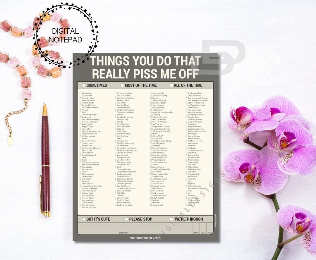Digital Download Letter Size Note Pad "things You Do That Piss Me off ...