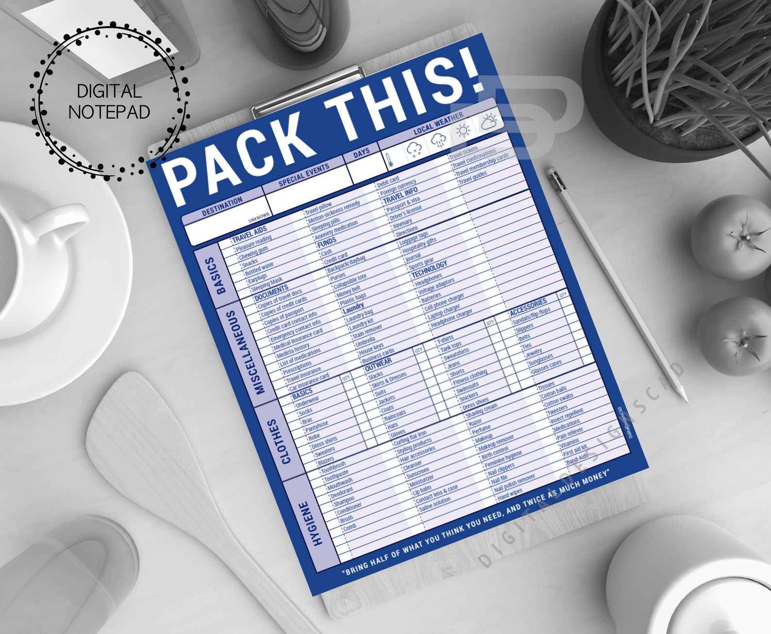 Digital Download Letter Size Note Pad "pack This" Packing List Blue ...