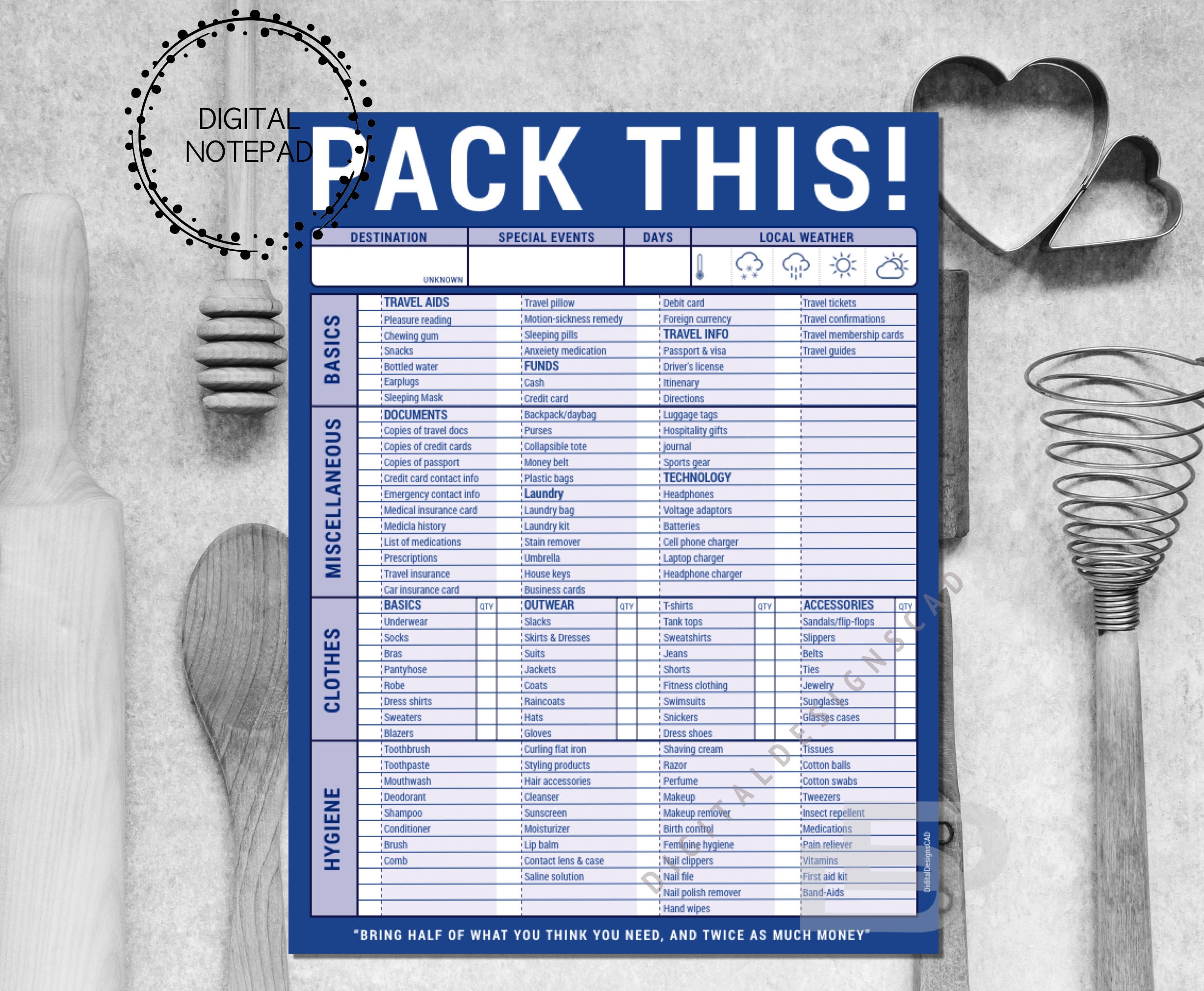 Digital Download Letter Size Note Pad "pack This" Packing List Blue ...