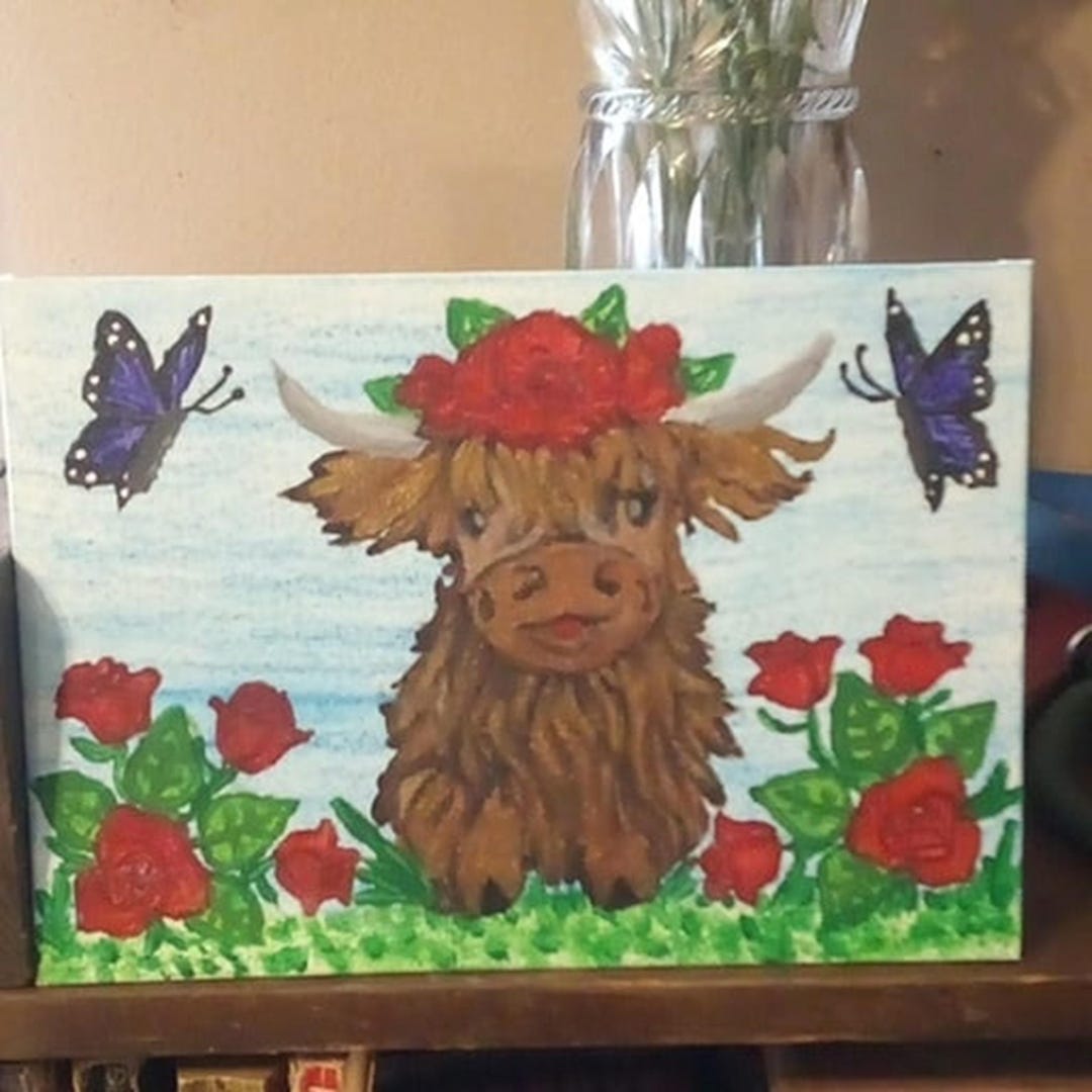 Hand Painted Highland Cow With Roses & Butterfly Painting - Size 8 1/4 ...