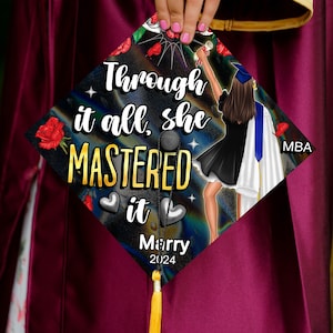 She Mastered It Printed Grad Cap Topper, Custom MBA Grad Cap Decoration ...